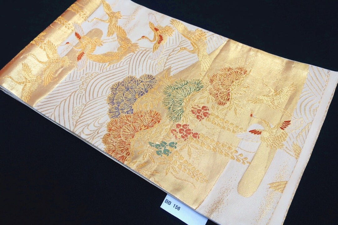 Fukuro Obi Gold Crane Birds Wisteria Pine Tree Silk BB156W1 - Etsy