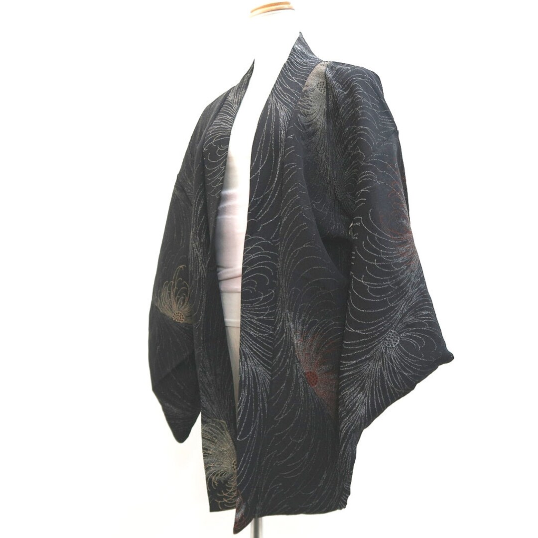 Haori Jacket Vintage(1950-1980) Black Gold Silver Chrysanthemum Silk ...