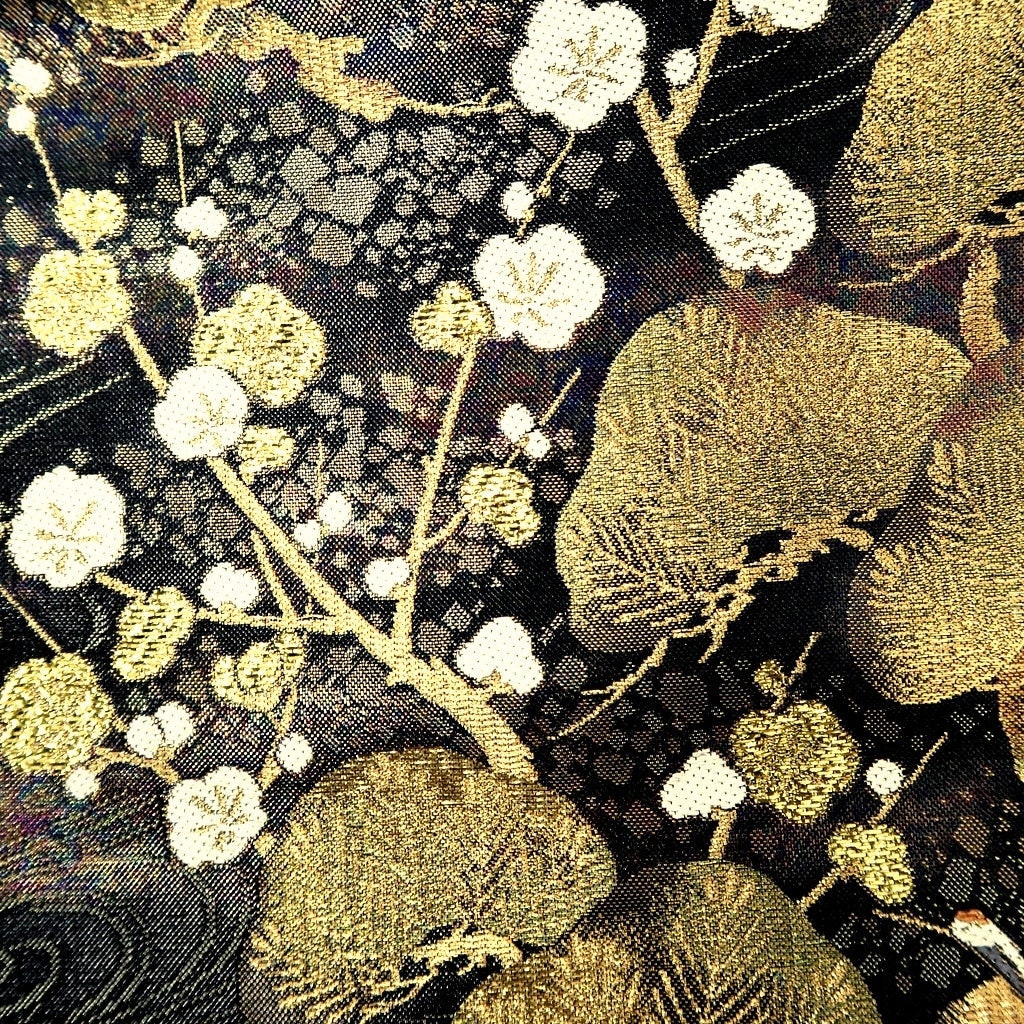 Fukuro Obi Black Gold Crane Birds Plum Blossom Rinpa Silk BB234V4 - Etsy