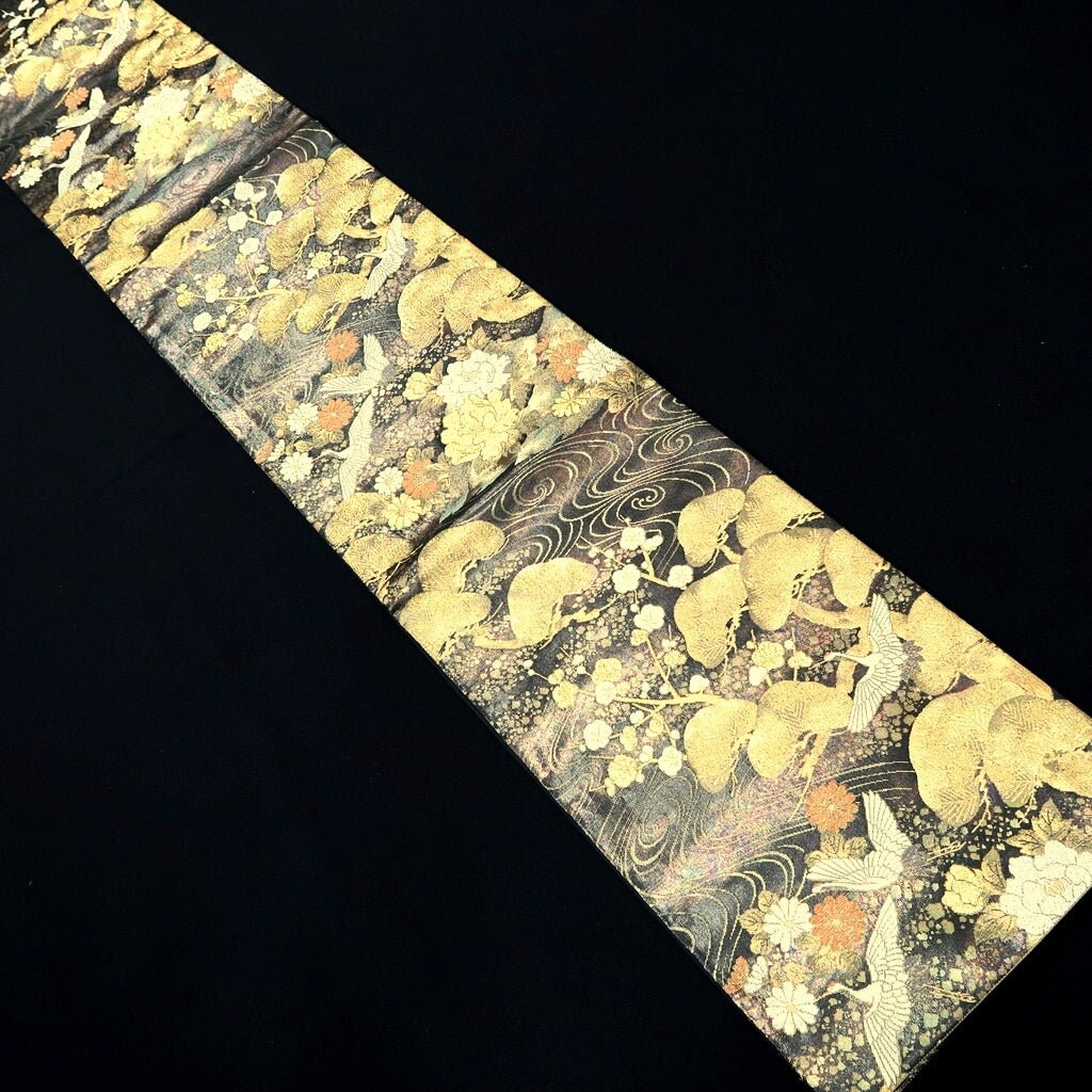 Fukuro Obi Black Gold Crane Birds Plum Blossom Rinpa Silk BB234V4 - Etsy