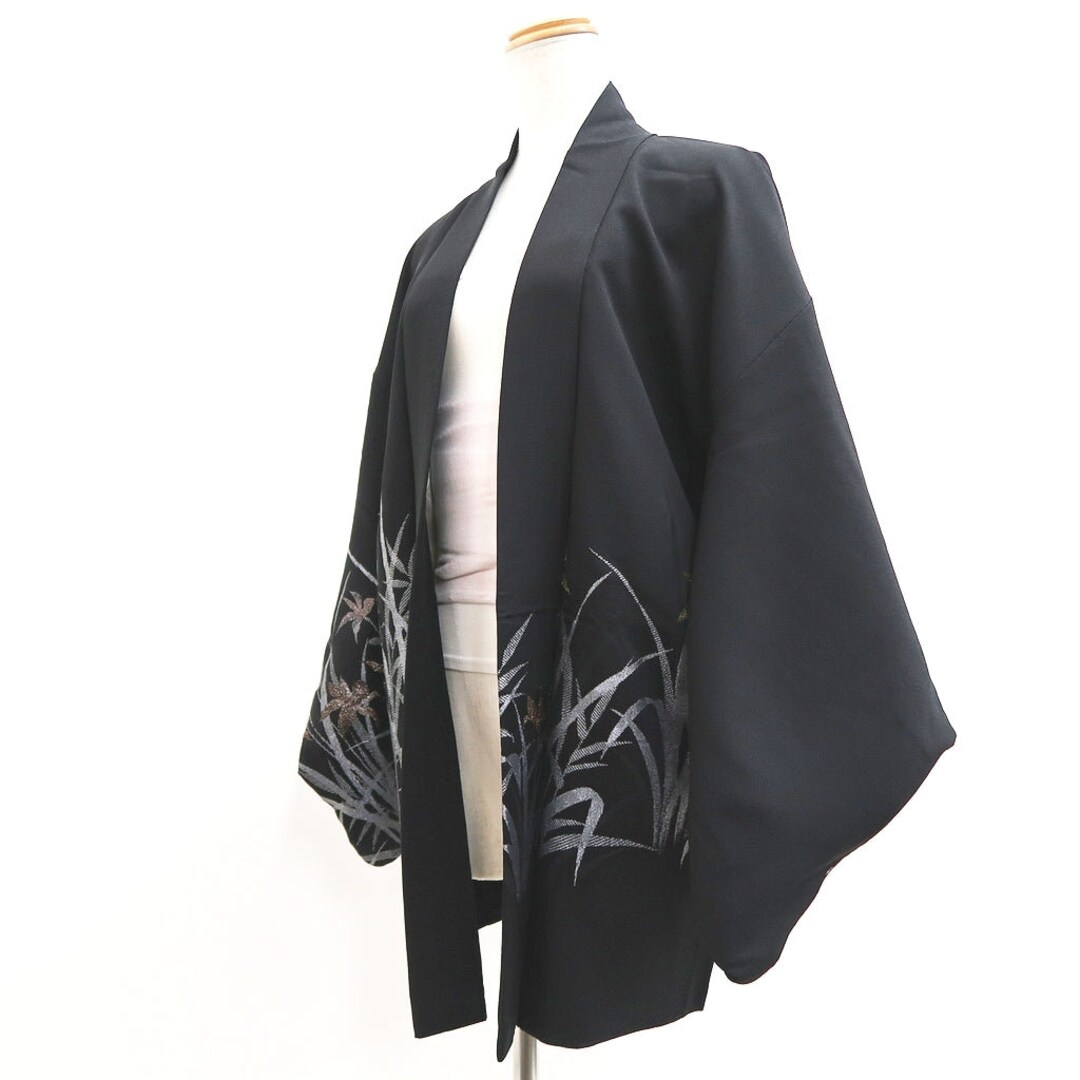 Haori Jacket Vintage(1950-1980) Black Silver Gold Narcissus Silk ...
