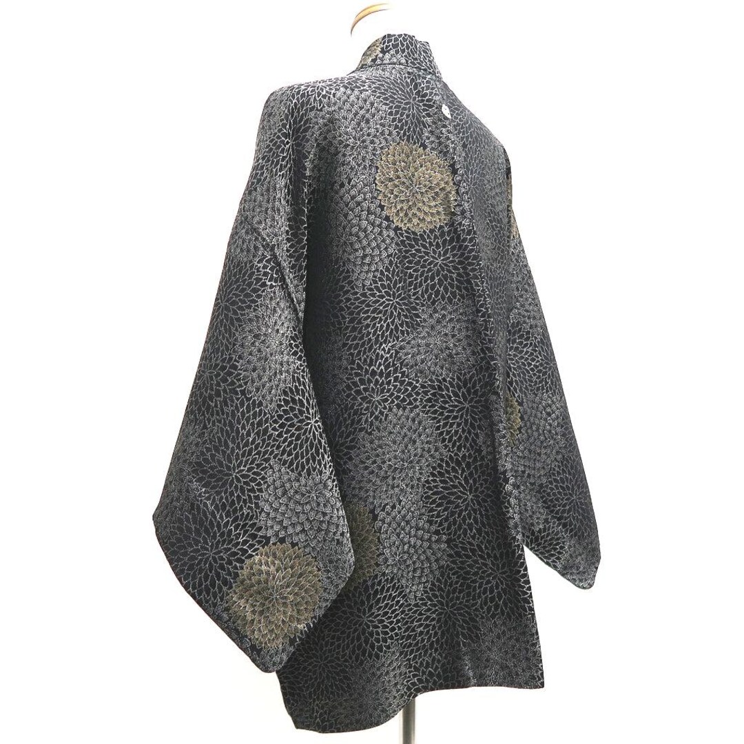 Haori Jacket Vintage(1950-1980) Black Silver Gold Chrysanthemum Silk ...