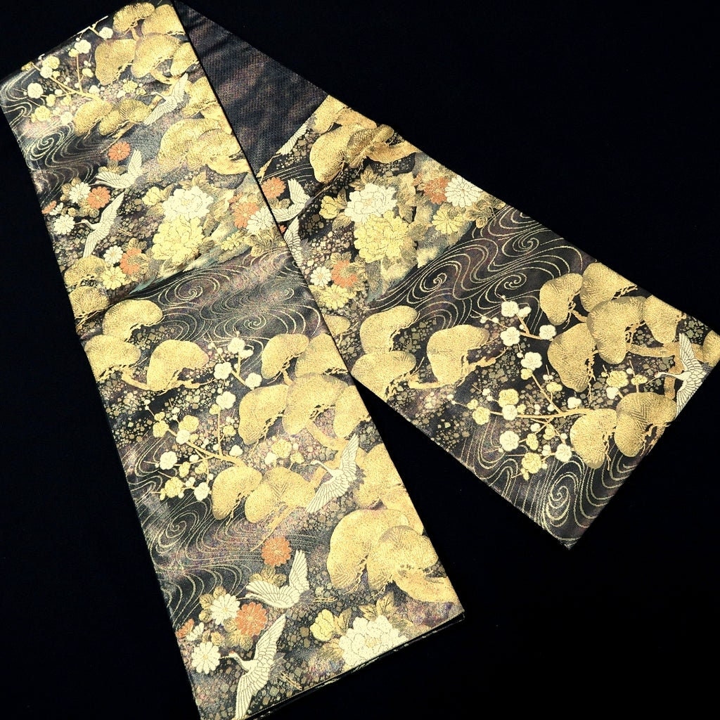 Fukuro Obi Black Gold Crane Birds Plum Blossom Rinpa Silk BB234V4 - Etsy