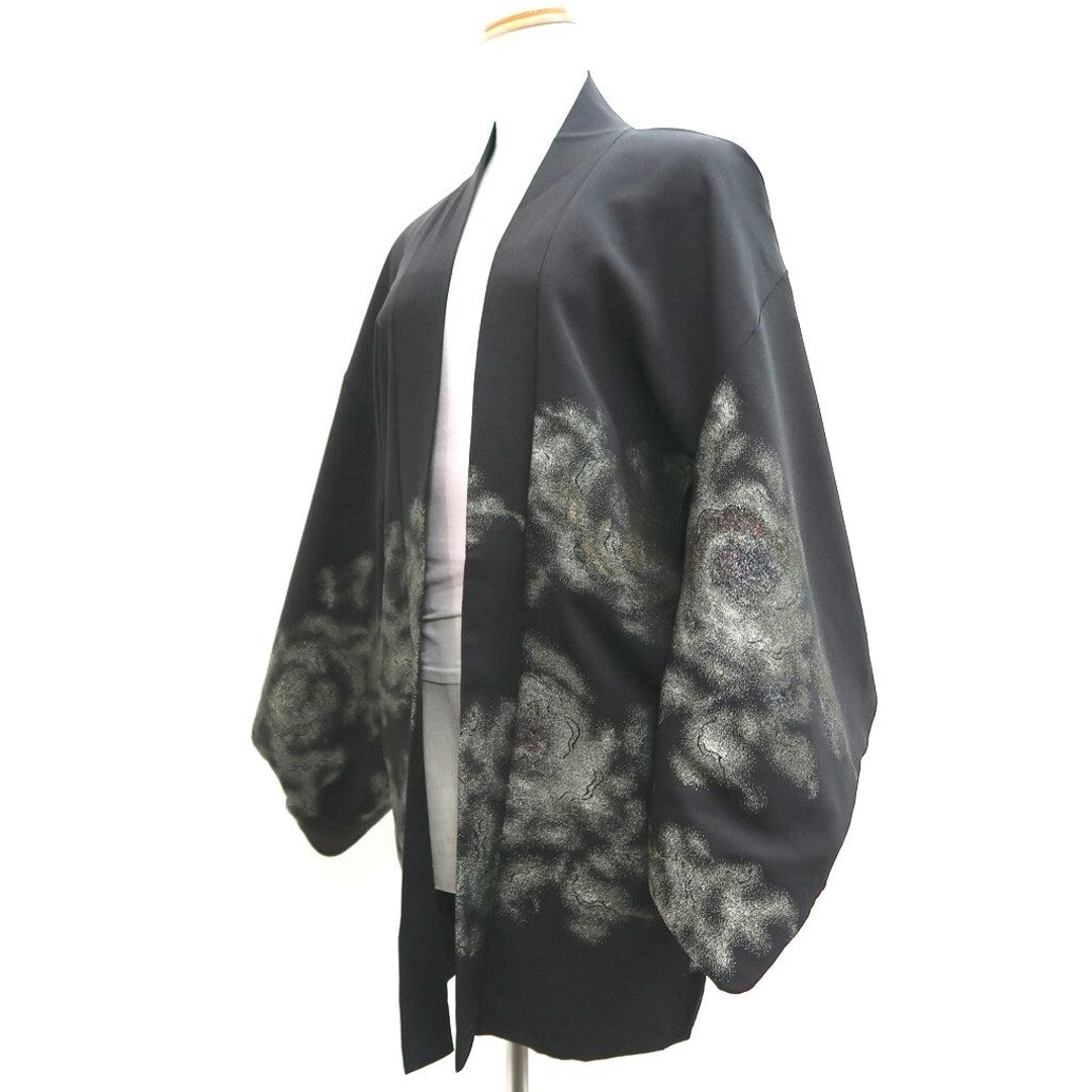 Haori Jacket Vintage(1950-1980) Black Silver Gold Flower Silk #9778A4 ...
