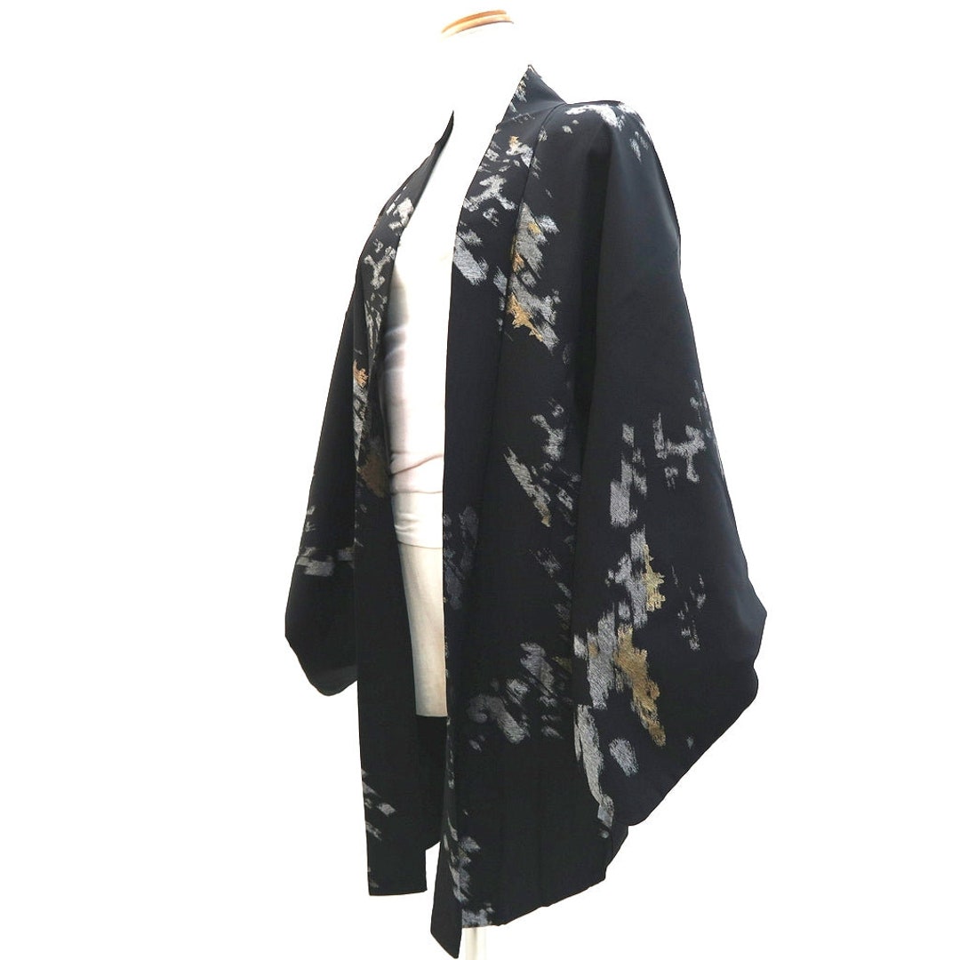 Haori Jacket Vintage(1950-1980) Black Silver Gold Abstract Art Silk ...
