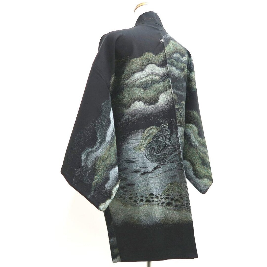 Haori Jacket Vintage(1950-1980) Black Silver Gold Landscape Wave Silk ...