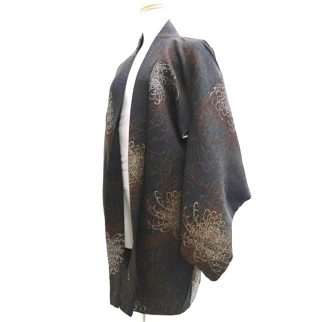 Haori Jacket Vintage(1950-1980) Black Gold Silver Rangiku Chrysanthemum ...