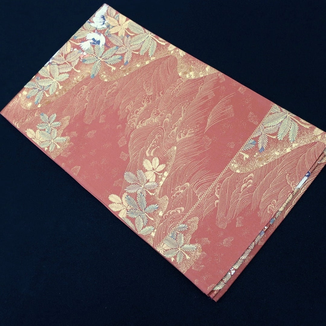 Fukuro Obi Vintage1950-1980 Gold Rosybrown Crane Birds Pine Tree Silk ...