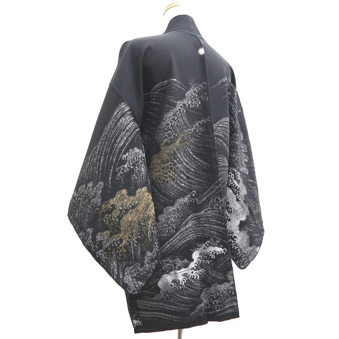 Haori Jacket Vintage1950-1980 Black Silver Gold Curling Wave Silk ...