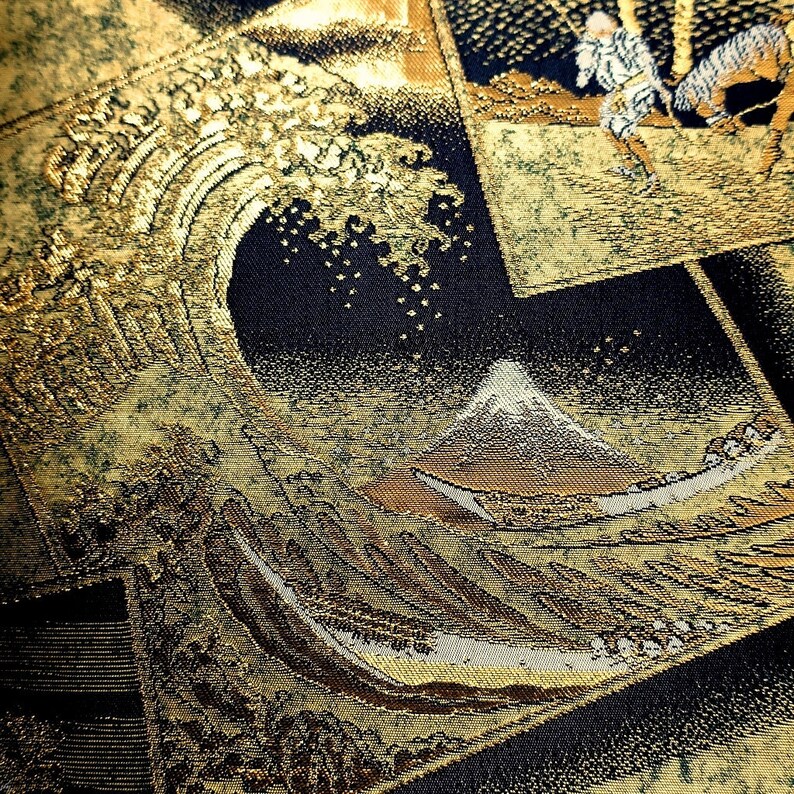 Fukuro Obi Vintage (1950-1980) Złoty Czarny Hokusai Fugaku-Sanjurokkei ...