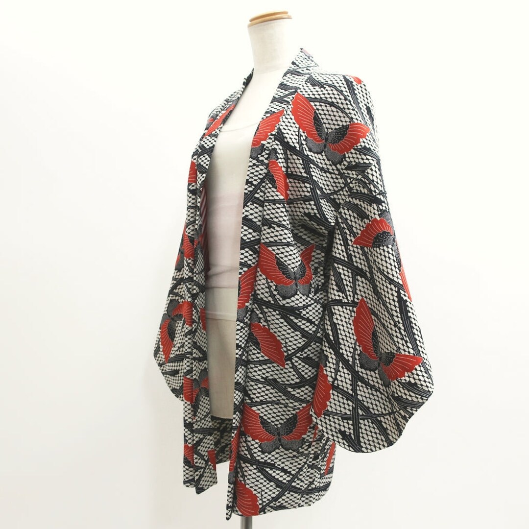 Haori Jacket Vintage1950-1980 White Black Red Butterfly Silk 9236E3 - Etsy