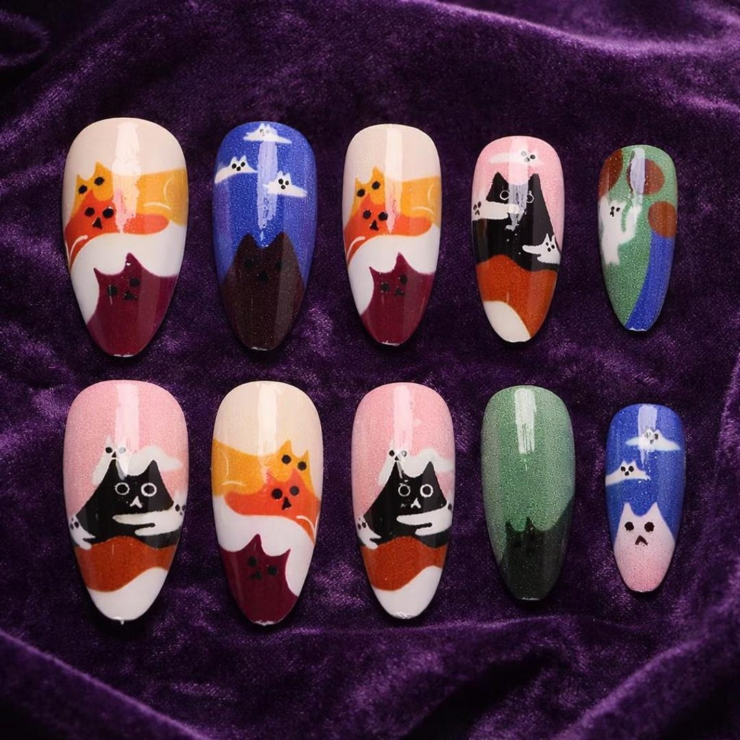 Cat Press on Nails | Cute Cat Nail Set | Hand Painted Press on Nails ...