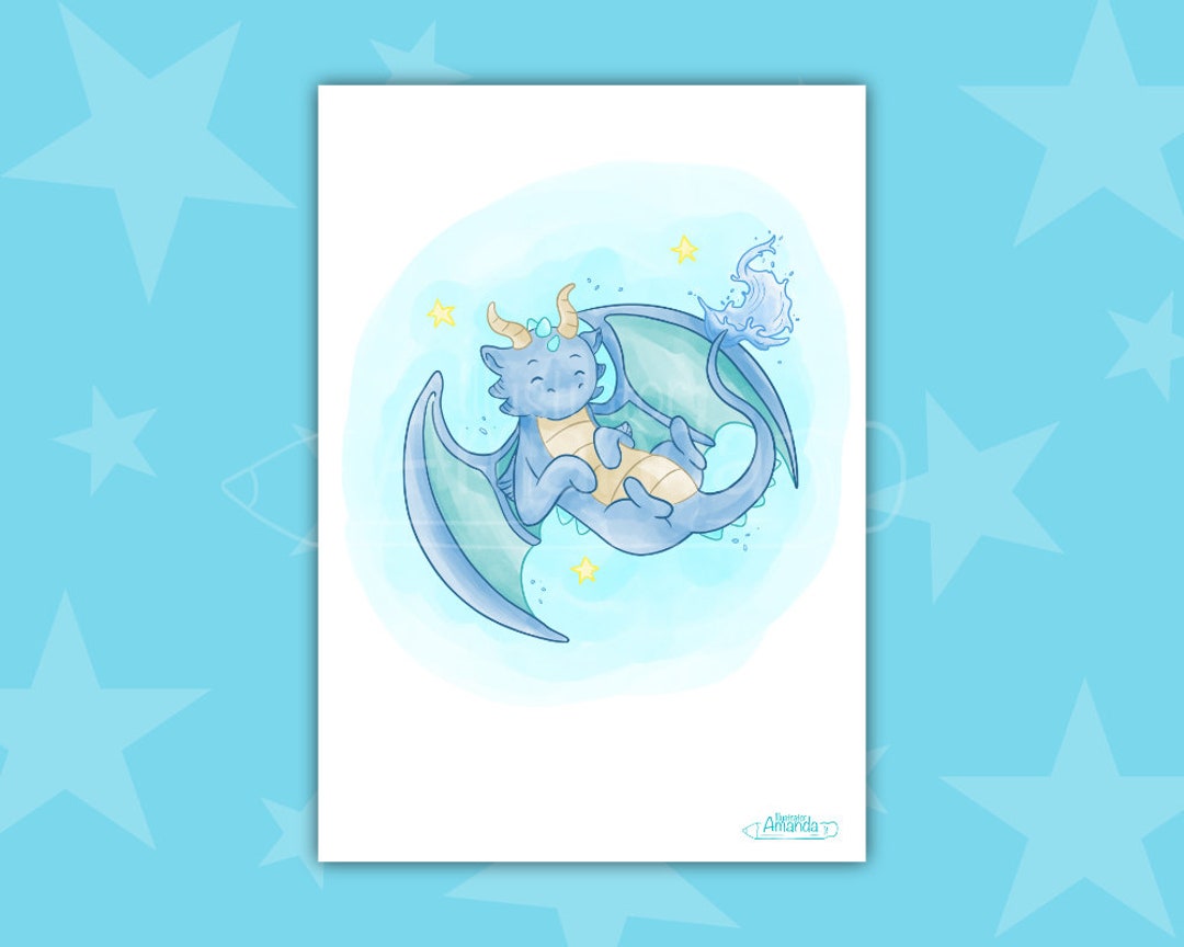 Cute Water Dragon Art Print, Kawaii Dragon Print, Mythical Dragon Decor ...