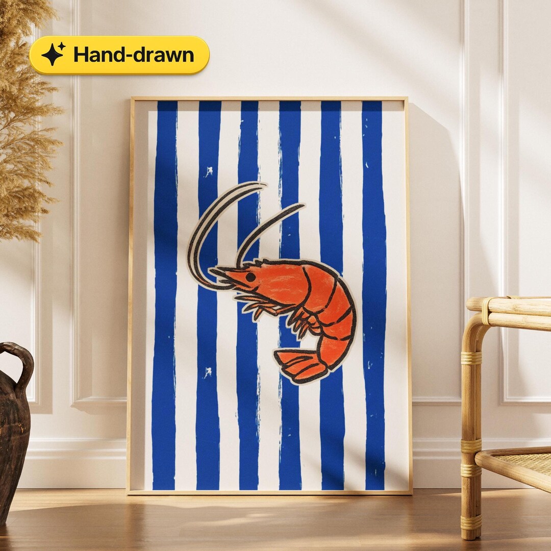 Minimalist Shrimp Kitchen Wall Art Hand Drawn Mediterranean Doodle ...