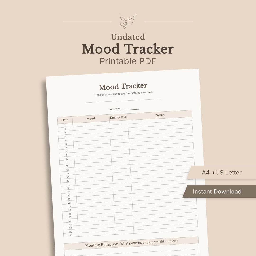 Undated Mood Tracker Printable PDF, Monthly Mental Health Log, Minimal ...