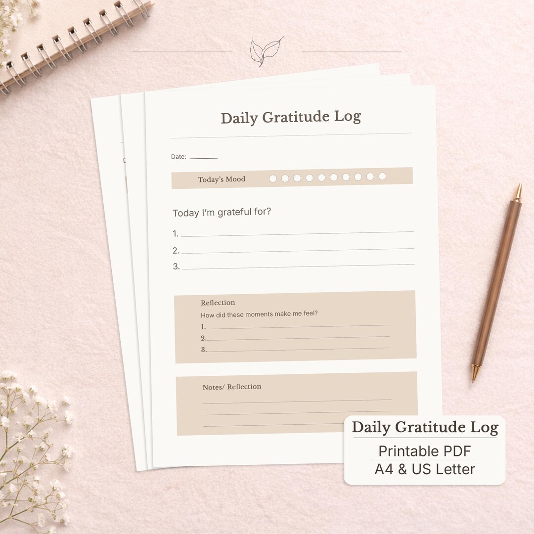 Daily Gratitude Log Printable, Minimal Gratitude Journal Page, Self ...