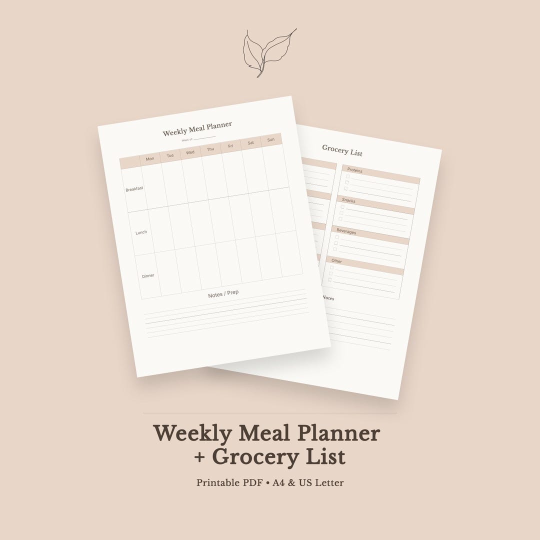 Weekly Meal Planner & Grocery List Printable | Minimal Beige Meal ...