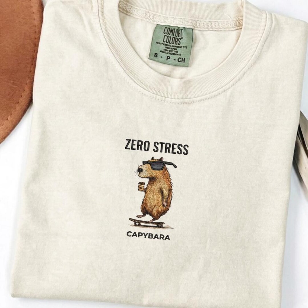 Embroidered Cute Capybara Graphic Tee, Zero Stress Capybara Shirt ...
