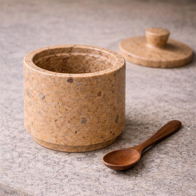 Marble Salt Cellar With Lid – Warm Beige Stone, Mediterranean Kitchen ...