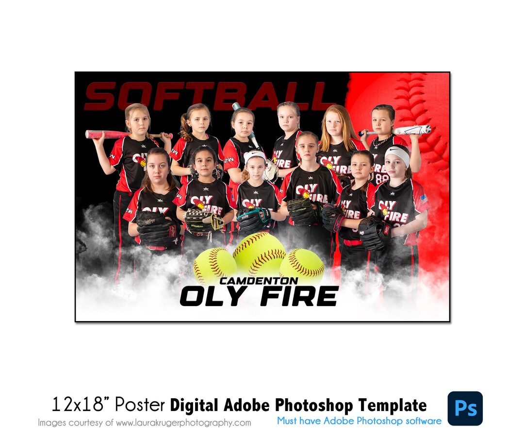 SOFTBALL POSTER 011_H | 12"x18" Adobe Photoshop Digital Template ...