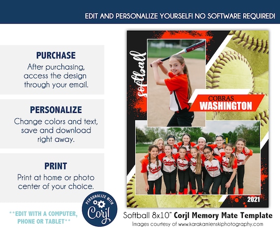 SOFTBALL MM013_CORJL 8x10 Sports Memory Mate Online Editable - Etsy