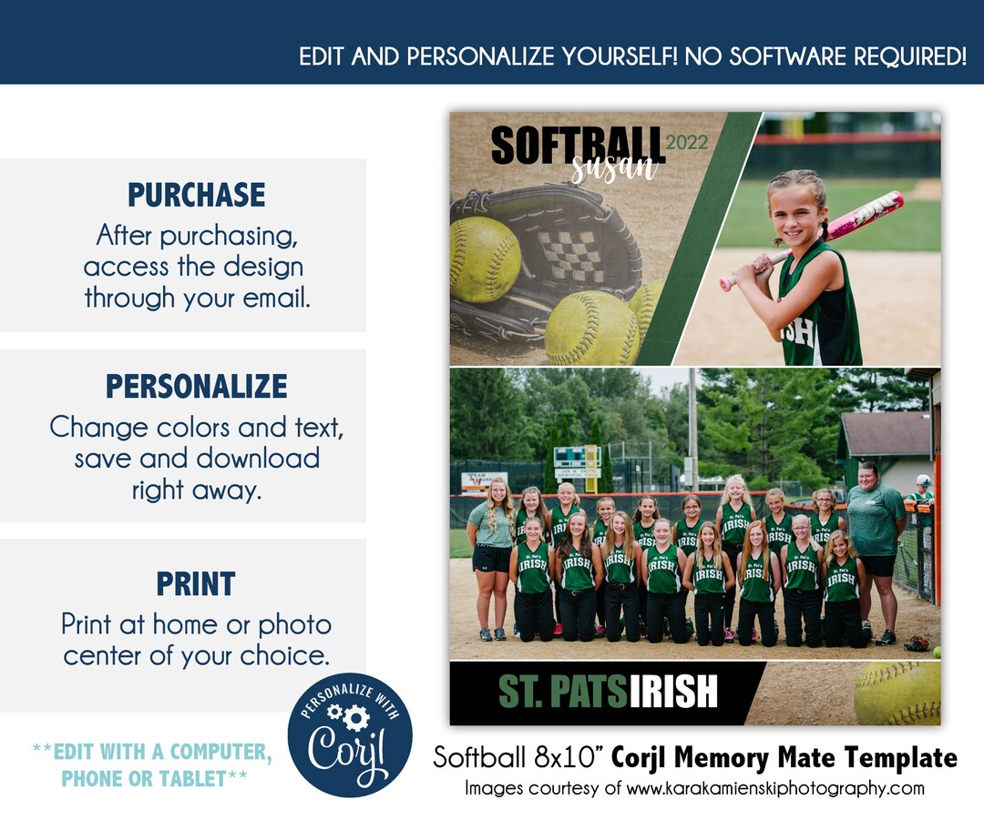 Softball Memory Mate Photo Template 012_C: 8x10” Corjl, Online Editable ...