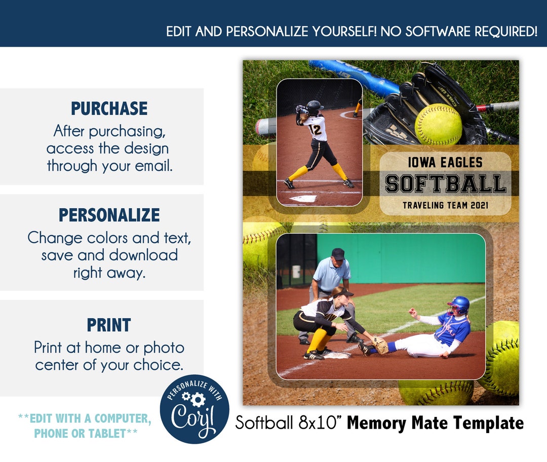 Softball Memory Mate Photo Template 001_C: 8x10” Corjl, Online Editable ...