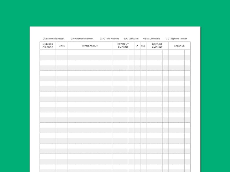 Checkbook Register, Printable Checkbook Tracker - US Letter and A4 ...
