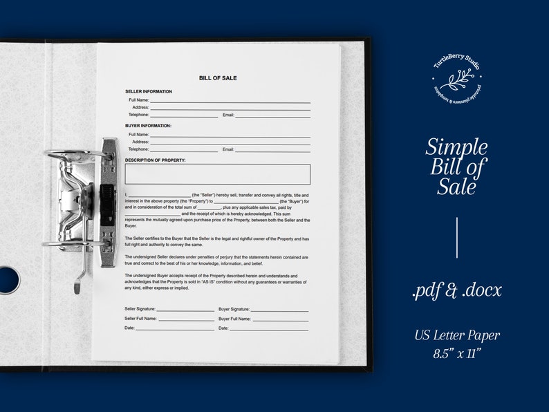 Bill of Sale, One Page Bill of Sale, Simple Template - Etsy