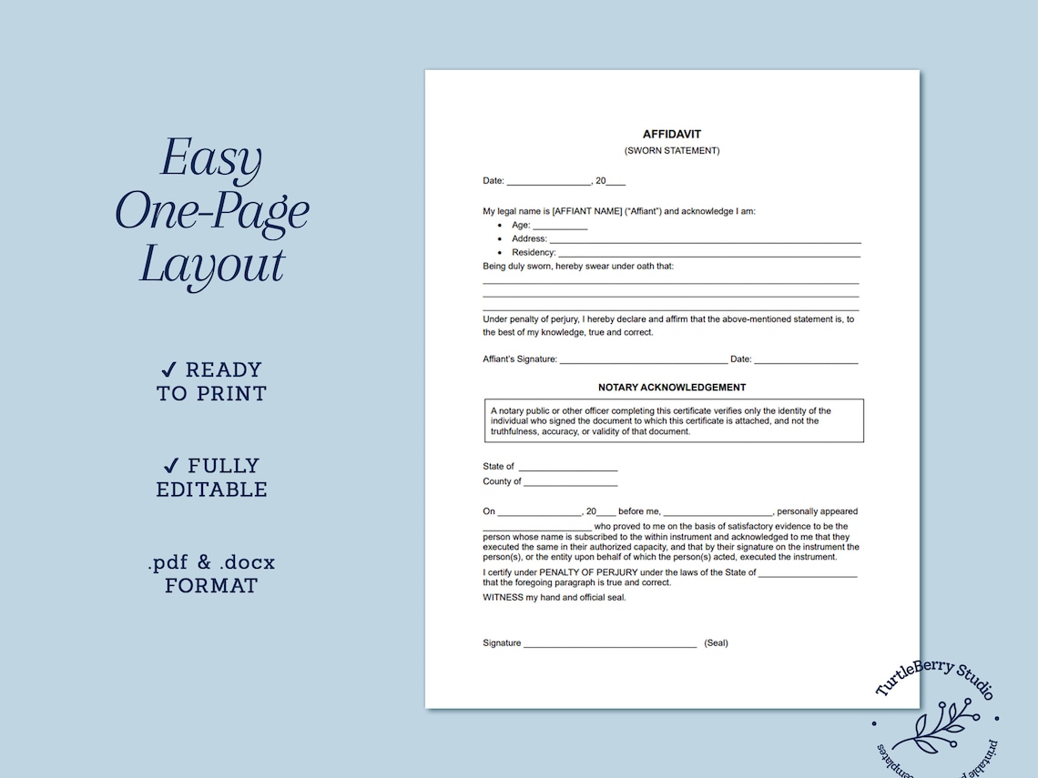 Affidavit Template, Sworn Affidavit - Etsy