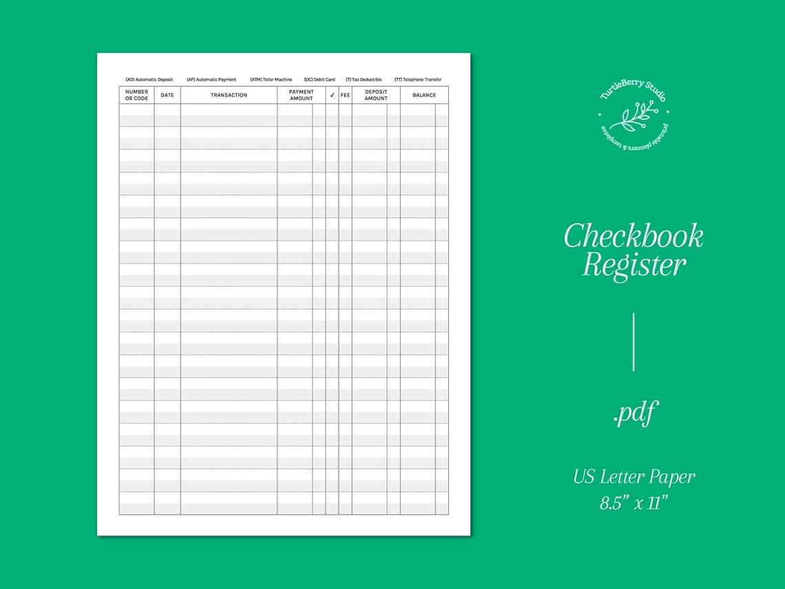 Checkbook Register, Printable Checkbook Tracker - US Letter and A4 ...