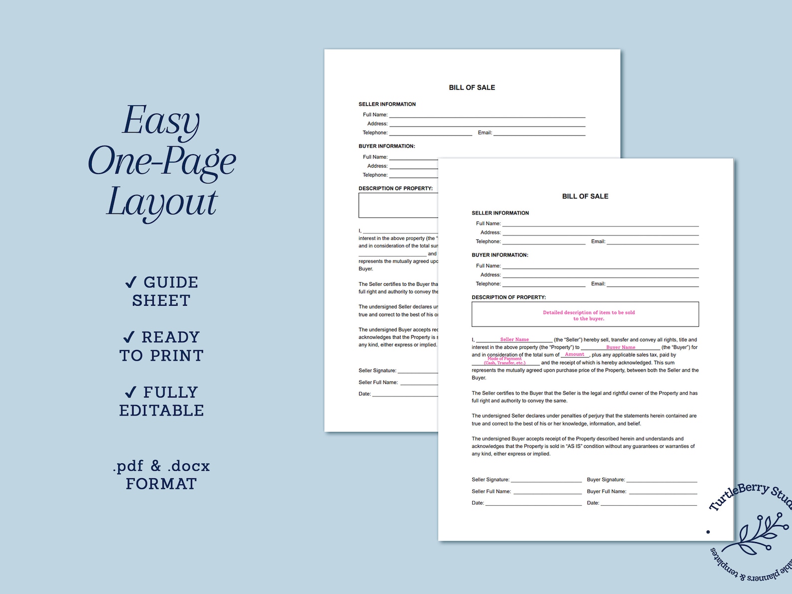 Bill of Sale, One Page Bill of Sale, Simple Template - Etsy