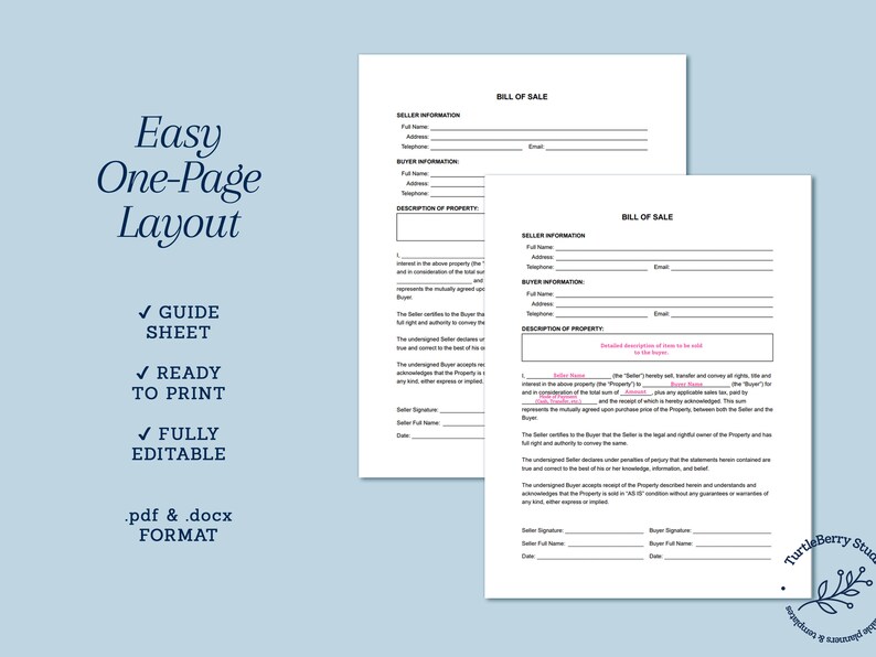 Bill of Sale, One Page Bill of Sale, Simple Template - Etsy