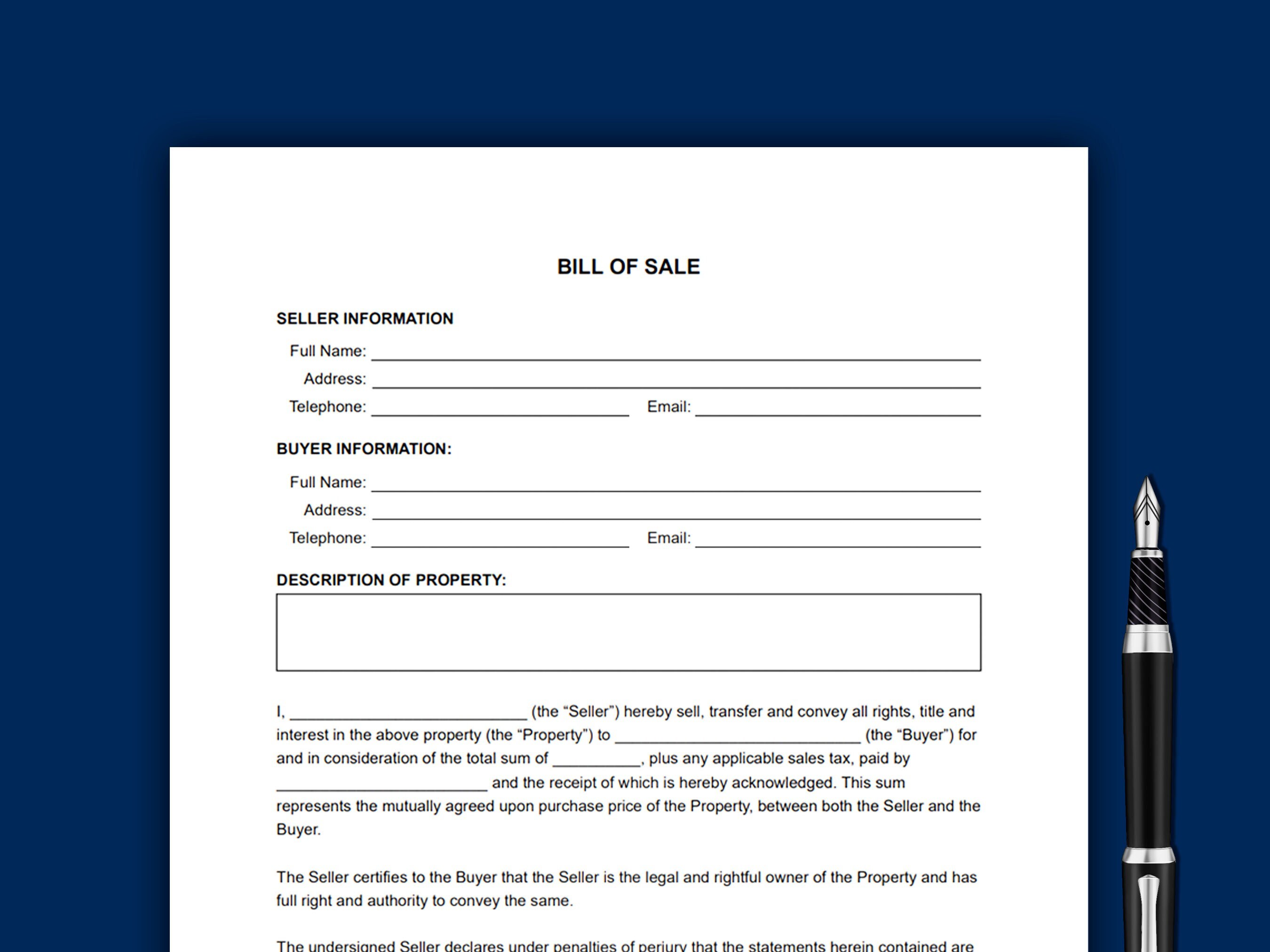 Bill of Sale, One Page Bill of Sale, Simple Template - Etsy