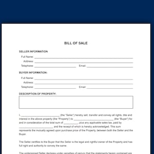 Bill of Sale One Page Bill of Sale Simple Template - Etsy