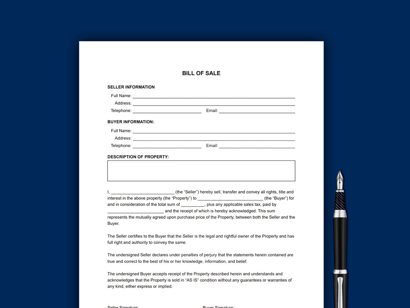Bill of Sale, One Page Bill of Sale, Simple Template - Etsy