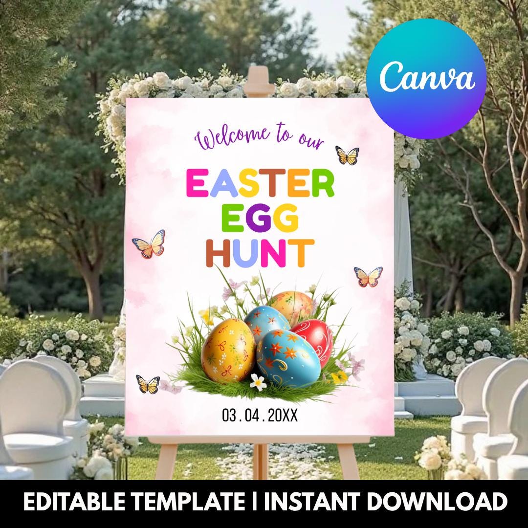 Easter Egg Hunt Welcome Sign, Editable Canva Template, Spring Party ...