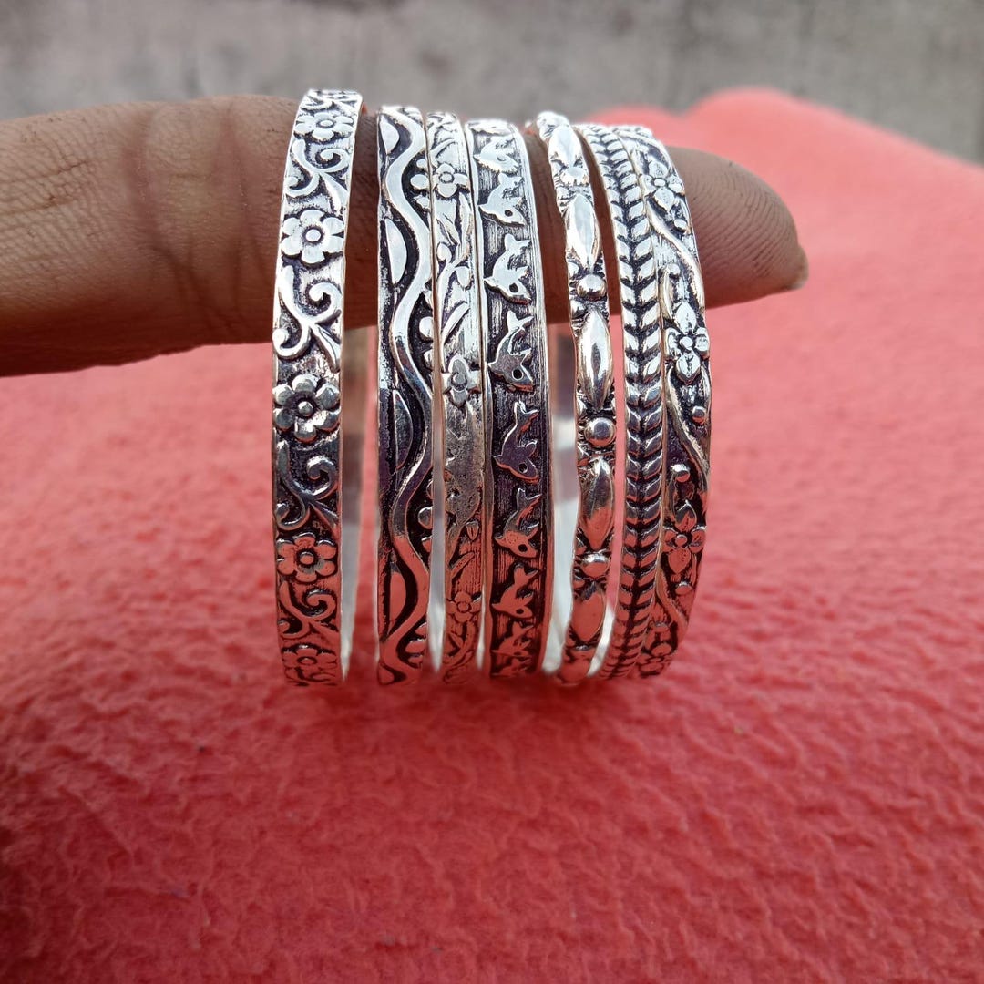 Oxidized Sterling Silver Bangle Set: Handmade Floral Design, Set of 7 ...