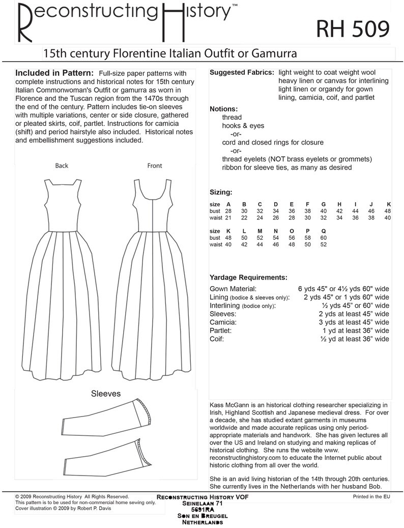 RH509 — Quick Print 1470s-1500 Florentine Italian Woman's Gamurra Dress ...