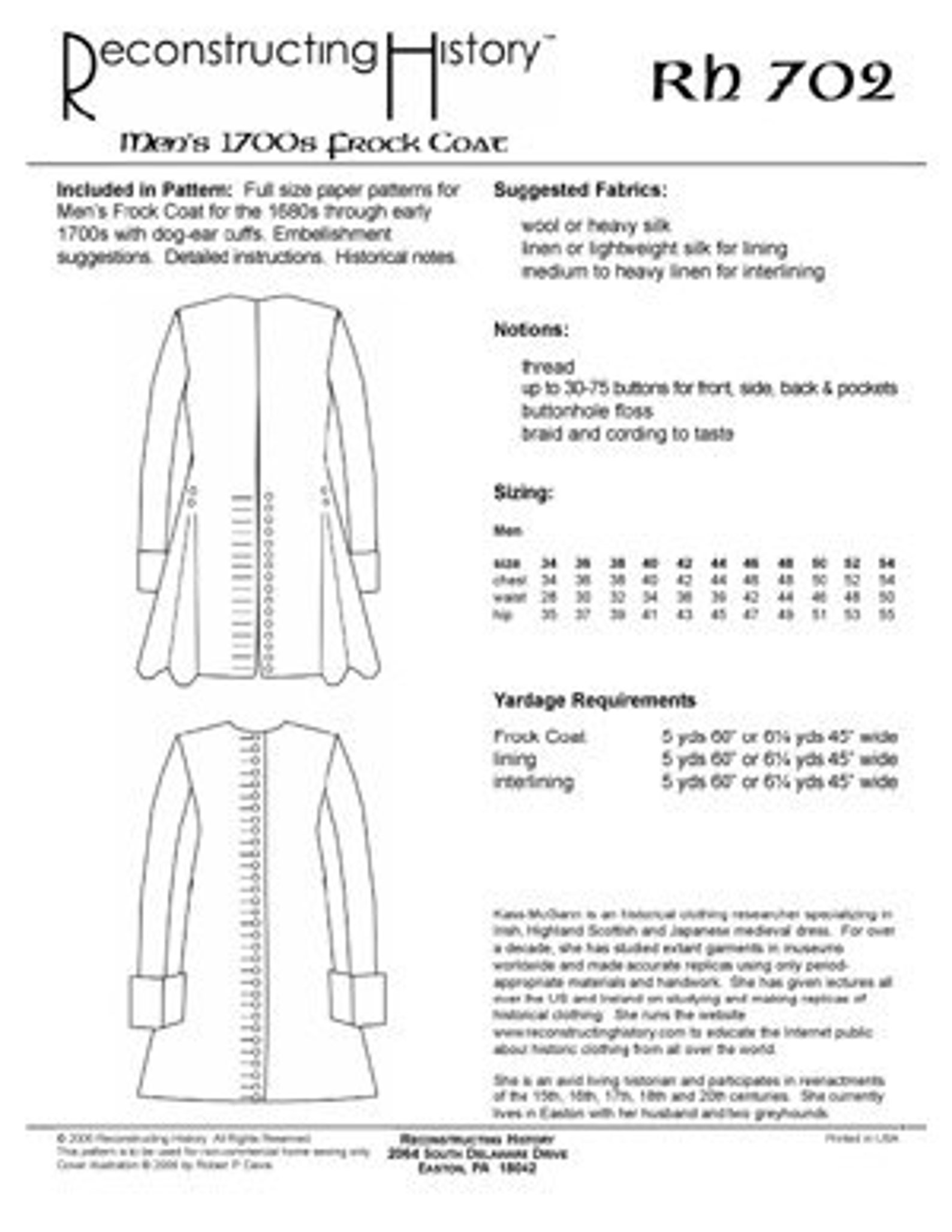 RH702 Quick Print 1700s Frock Coat Pirate Coat Pattern | Etsy