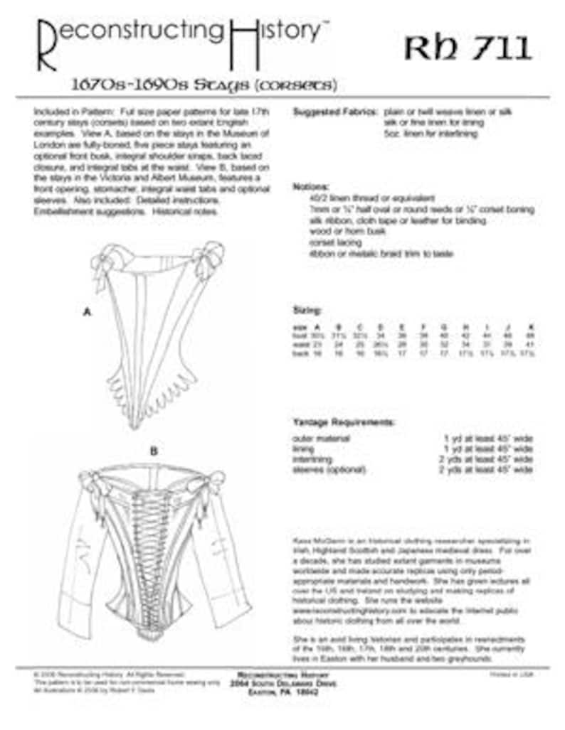 RH711 — Quick Print 1670s-1720s Stays Pirate Corset Pattern - Etsy