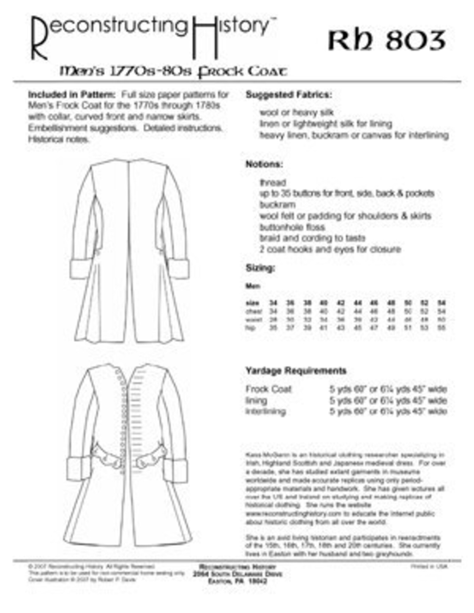 RH803 Quick Print 1780s Frock Coat Pattern - Etsy