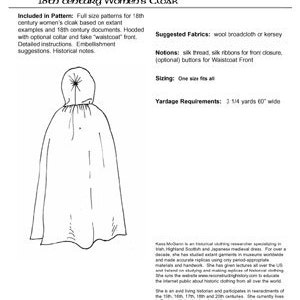 RH835 Quick Print 18th Century Women's Cloak Pattern - Etsy