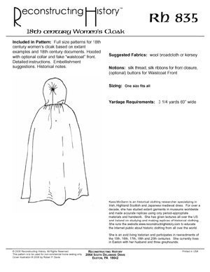 RH835 Quick Print 18th Century Women's Cloak Pattern - Etsy