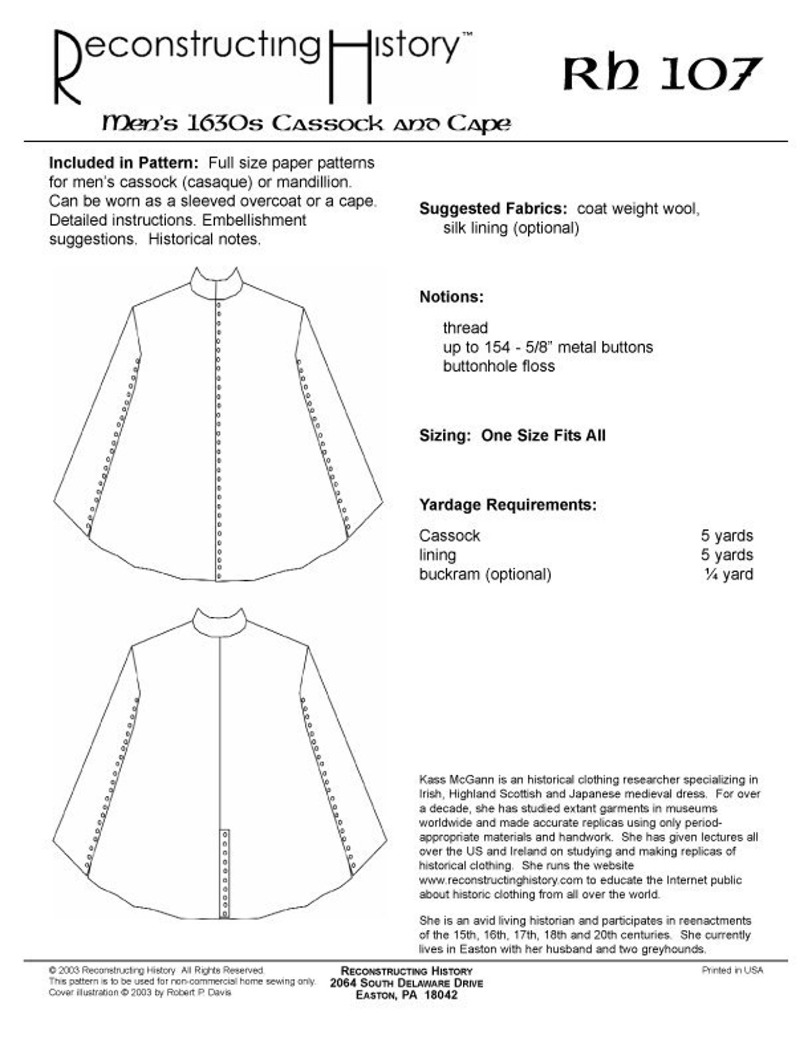 RH107 Quick Print 17th Century Cassock Pattern - Etsy