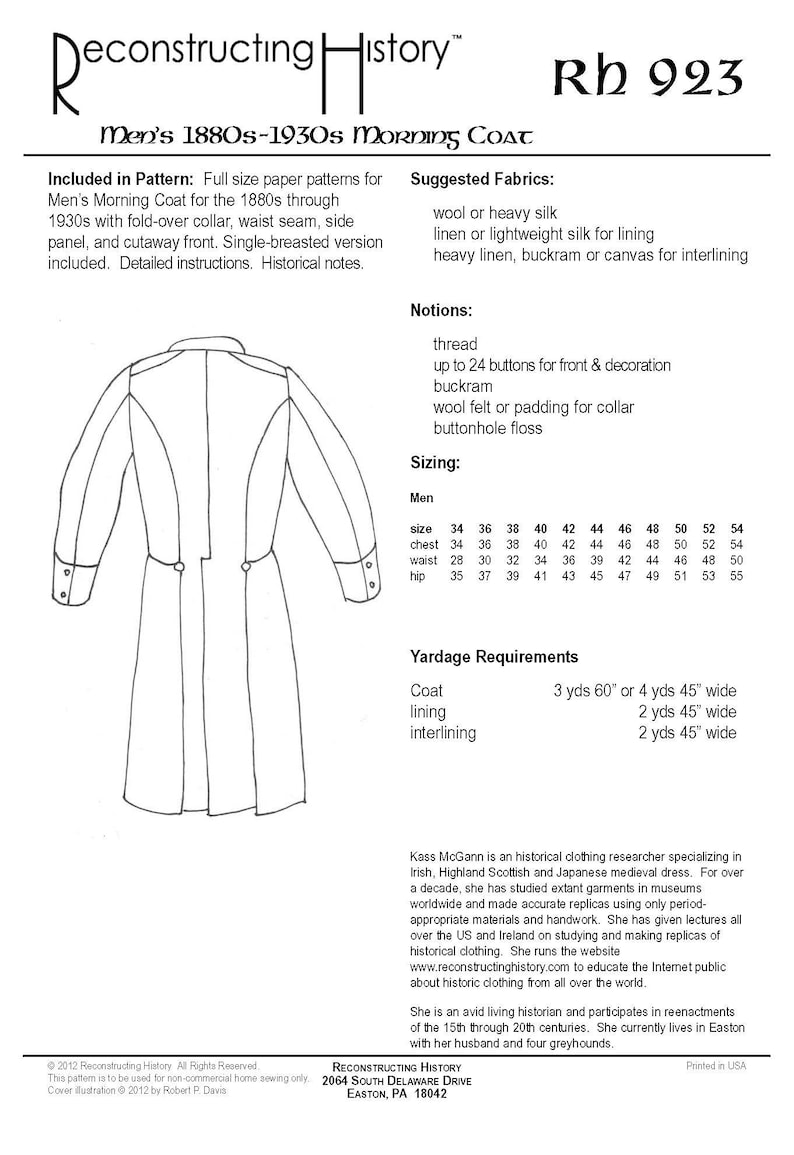 RH923 — Quick Print 1880s-1930s Single-breasted Morning Coat Pattern - Etsy