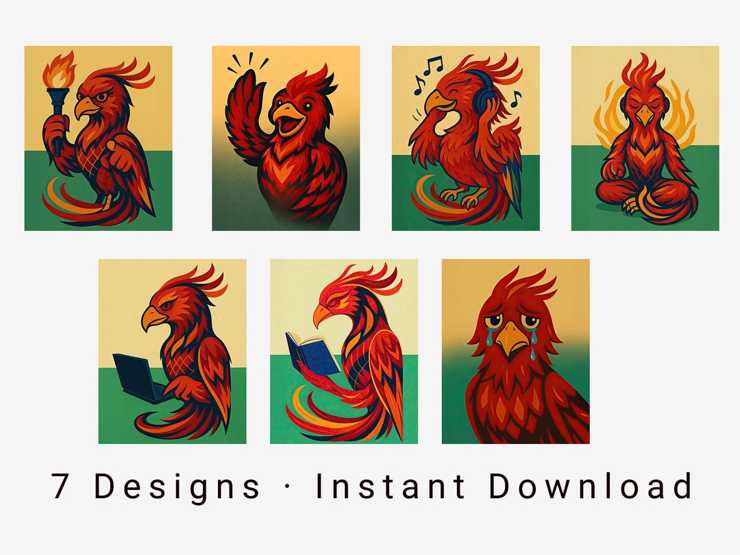 Phoenix Wall Art Printable Set, Colorful Emberling Fantasy Illustration ...