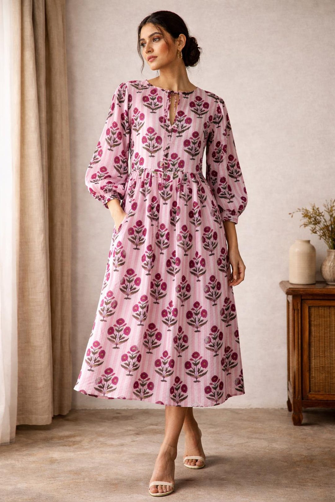 Pink Floral Block Print Cotton Dress, Long Sleeve Tie Neck Boho Summer ...