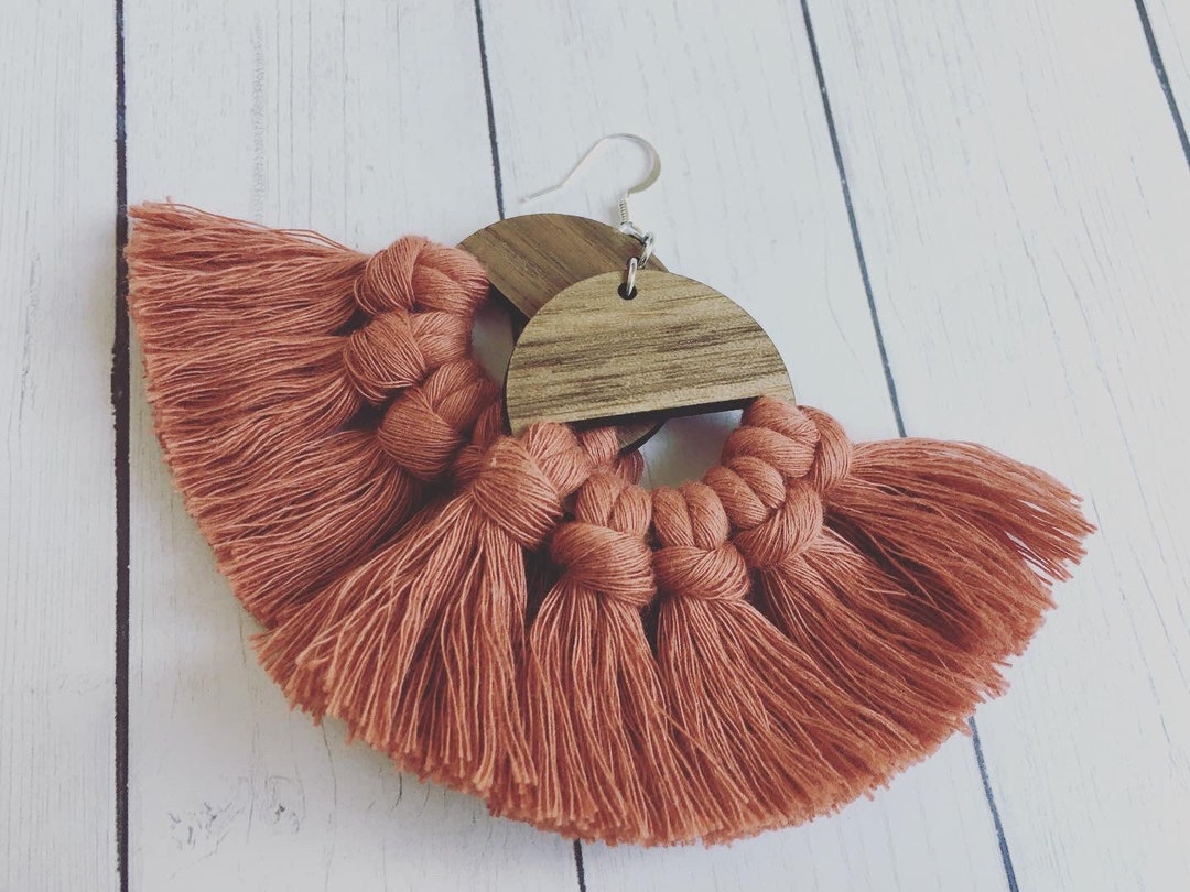 Macrame Wood Earrings - Finished Walnut and Cotton - Boho Style - Etsy