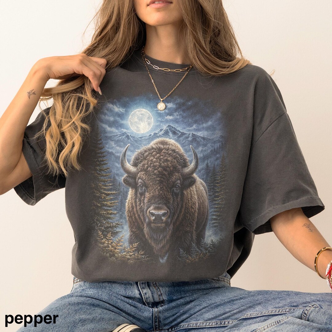 Old School Wild Bison Graphic Tee, Mountain Wilderness Wildlife Shirt ...